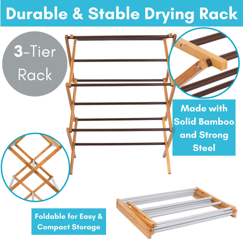 MASMIO Wooden Clothes Drying Rack 3-Tier Foldable Bamboo Laundry Stand | Wayfair